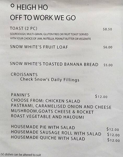 Menu at Snow White Bakery, South Yarra, U 4 9 Yarra St