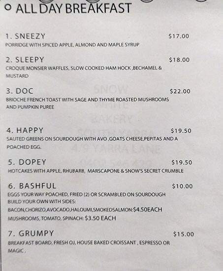 Menu at Snow White Bakery, South Yarra, U 4 9 Yarra St