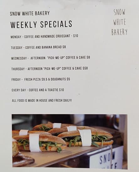 Menu at Snow White Bakery, South Yarra, U 4 9 Yarra St