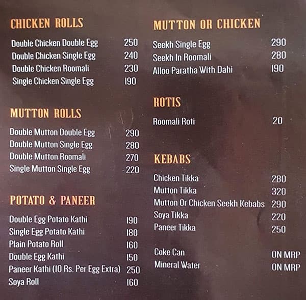 Menu of Sultan Kathi Rolls, Sector 69, Gurgaon