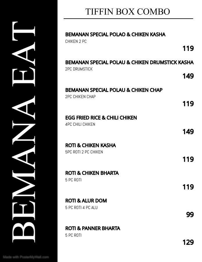 Menu of Bemanan Eat, Barrackpore, Kolkata