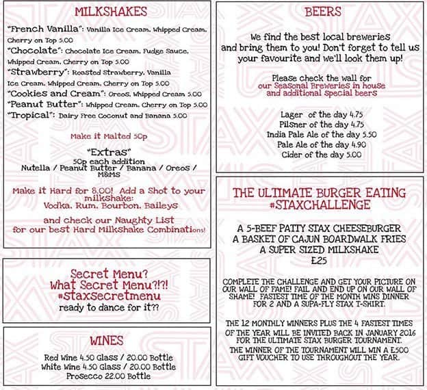 Menu at Stax restaurant, London