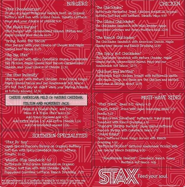 Menu at Stax restaurant, London