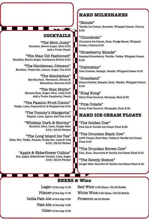 Menu at Stax restaurant, London