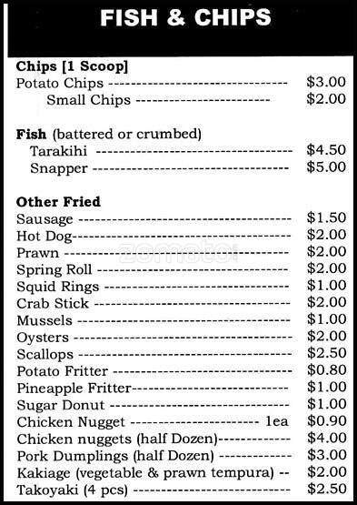 Menu at Rothesay Bay Fresh & Takeaway restaurant, Auckland