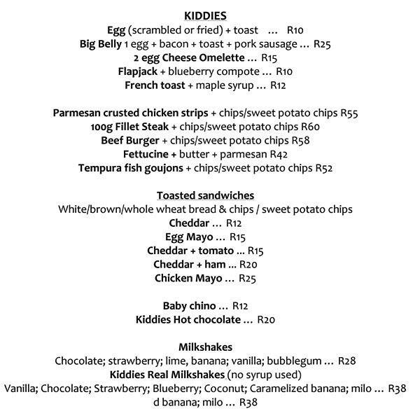 Menu at The Beach Hut restaurant, Dolphin Coast, Library Lane