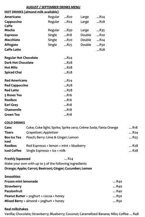 Menu at The Beach Hut restaurant, Dolphin Coast, Library Lane