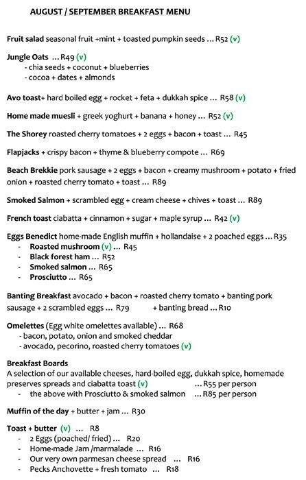 Menu at The Beach Hut restaurant, Dolphin Coast, Library Lane