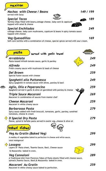 Menu at the D cafe and restaurant, Indore