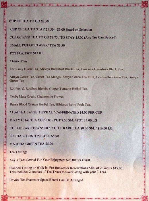 Menu at Serengeti Teas & Spices cafe, New York City
