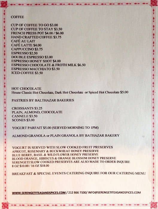 Menu at Serengeti Teas & Spices cafe, New York City