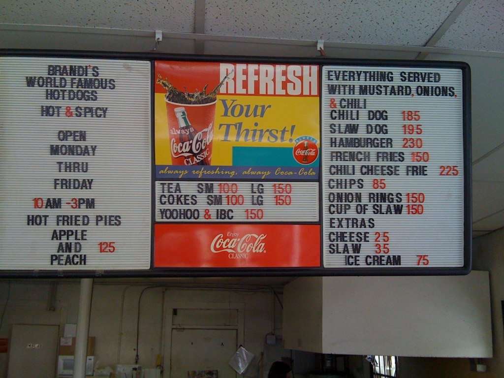 Menu at Brandi's World Famous Hot Dogs fast food, Marietta