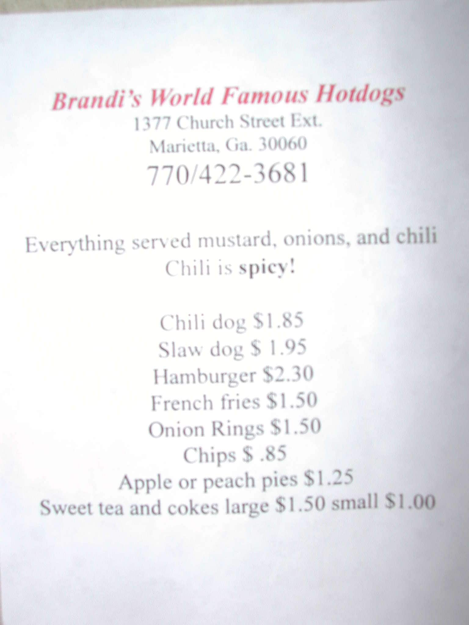 Menu at Brandi's World Famous Hot Dogs fast food, Marietta