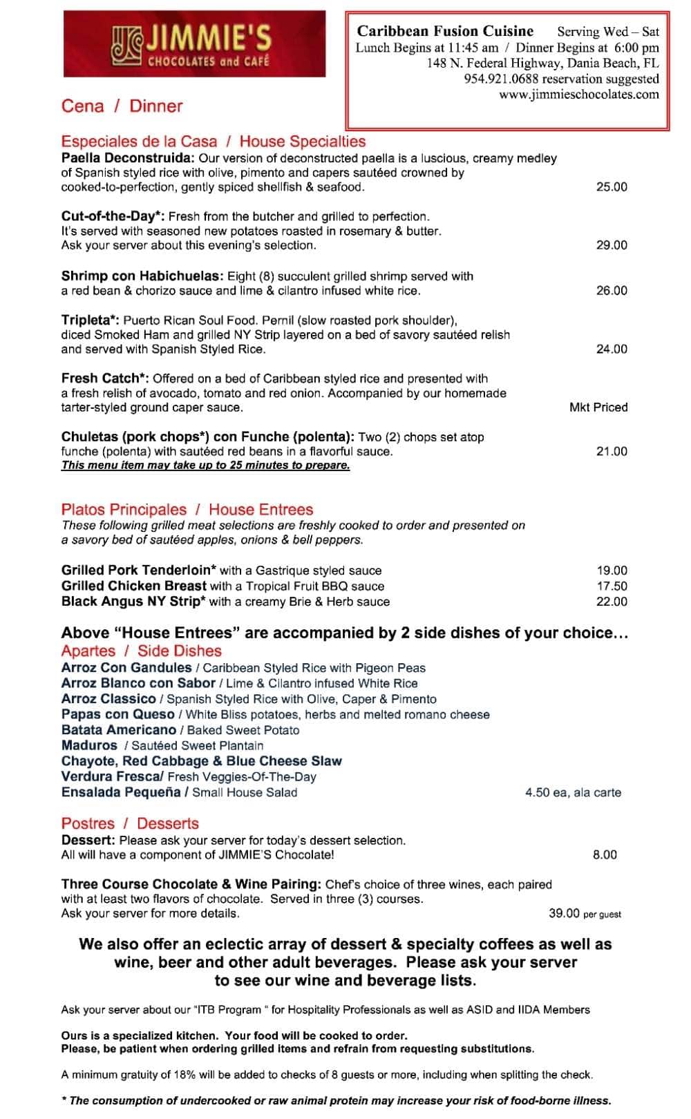 Menu at JIMMIE'S Chocolates & Cafe 47, Dania Beach, 148 N Federal Hwy