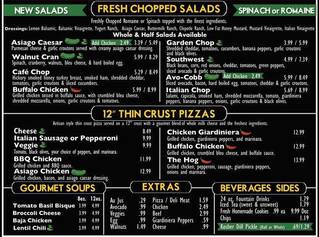 Menu at Pickleman's pizzeria, St. Louis, Laclede Ave
