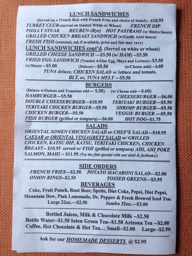 Menu at Pine Tree's Cafe, USA