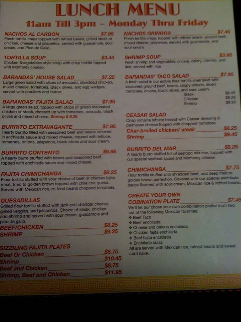 Menu at Barandas Fresh Mexican Grill, Broussard