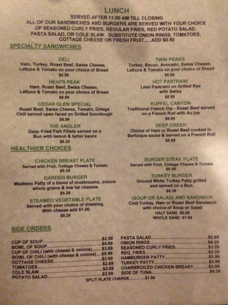 Menu at Cedar Glen Inn restaurant, Lake Arrowhead