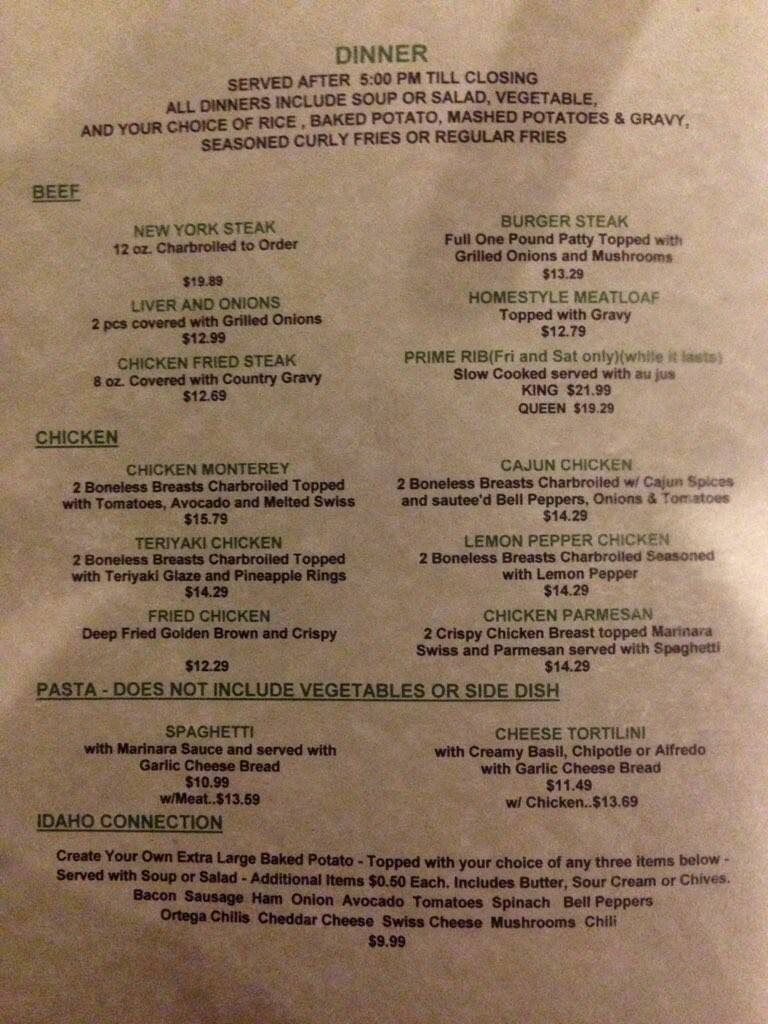 Menu at Cedar Glen Inn restaurant, Lake Arrowhead