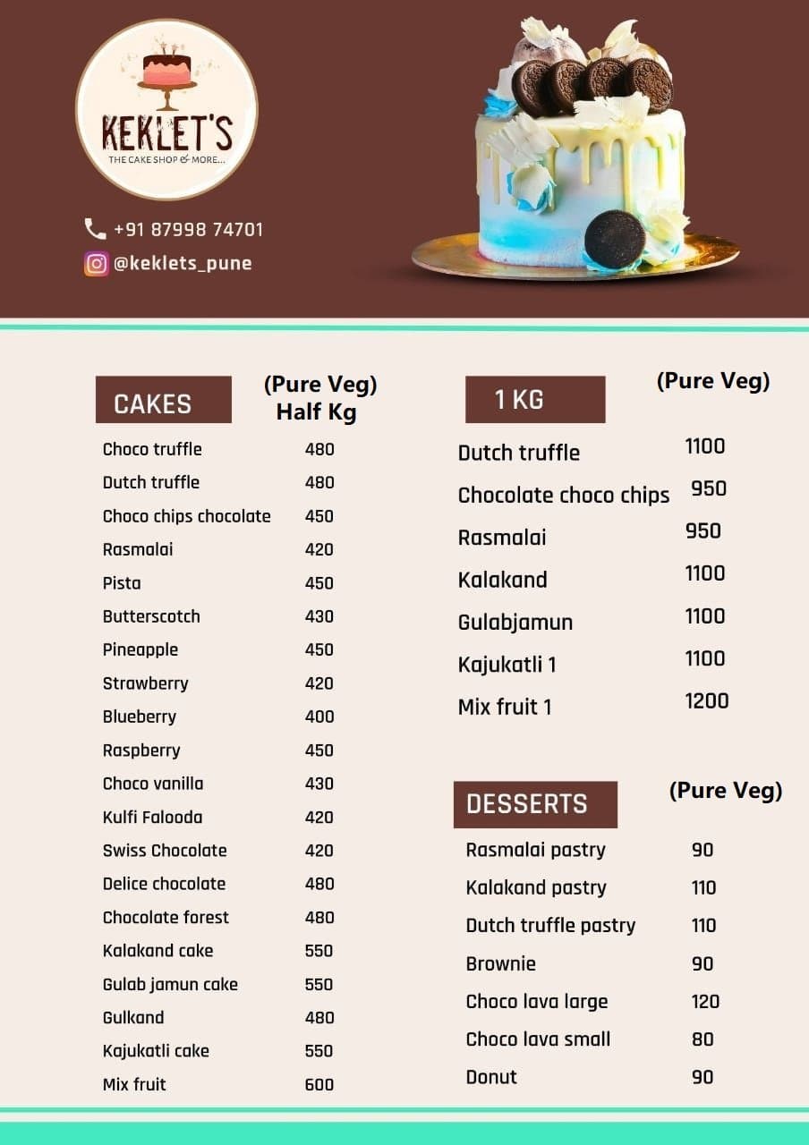 Menu of Kekiz The Cake Shop, Parvati, Pune