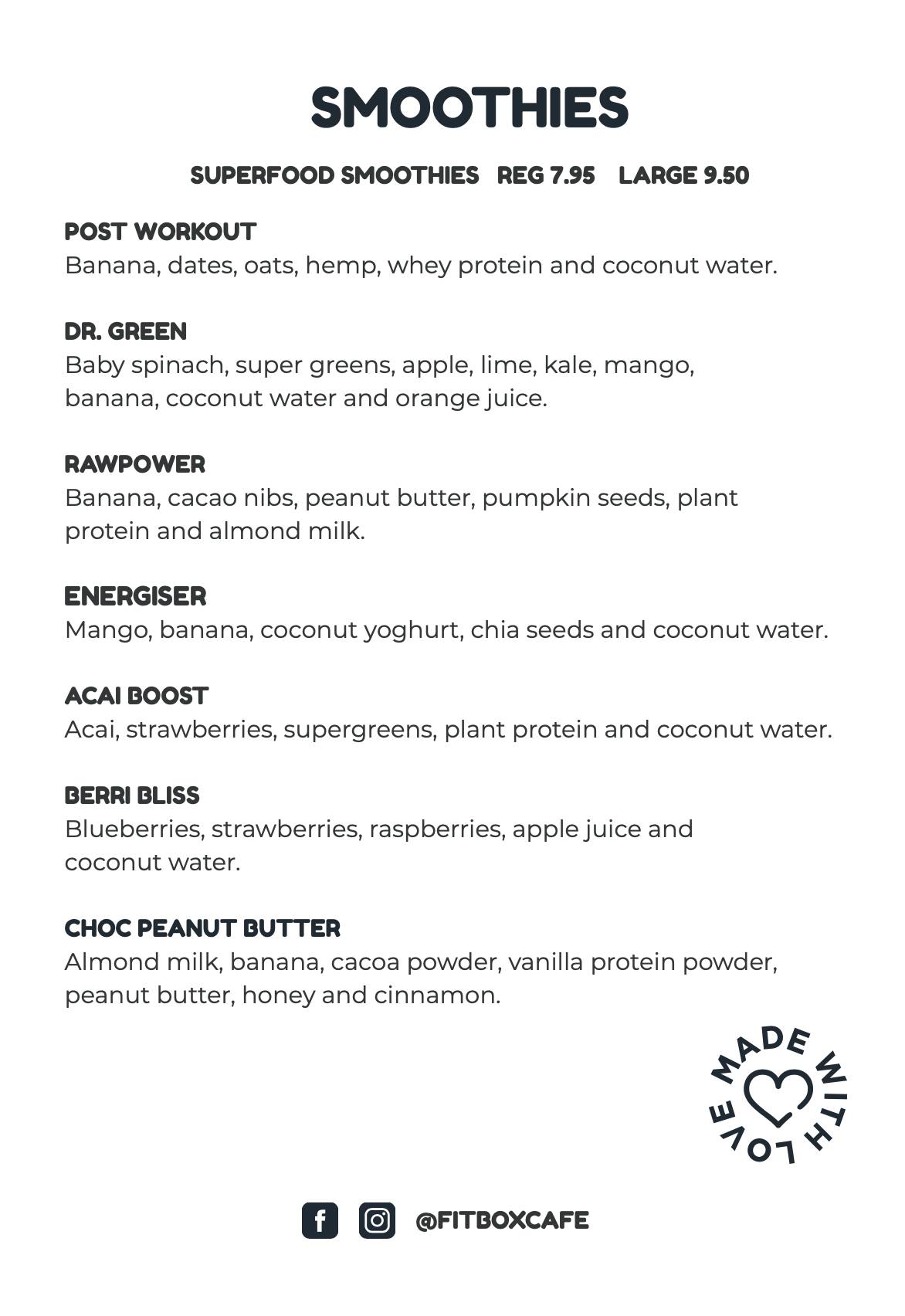Menu at Fit Box Espresso & Health Bar, Brisbane City