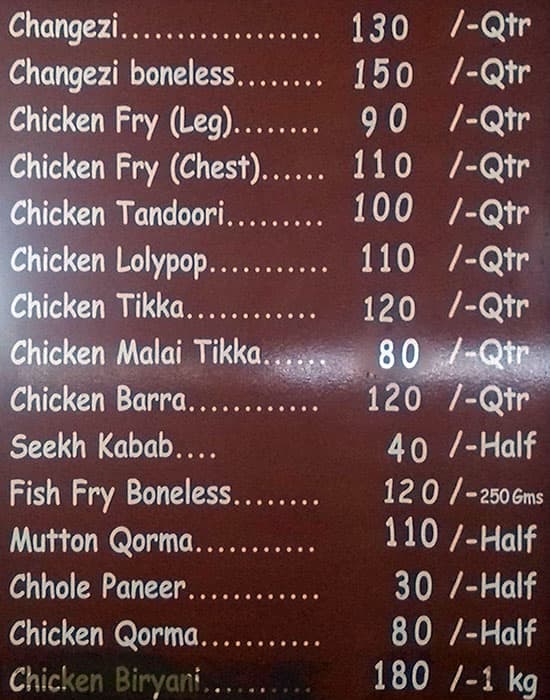 Menu of Sapna Restaurant, Chandni Chowk, New Delhi