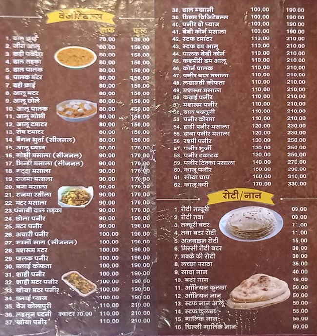 Menu of Aditya Bhojnalaya, Chitrakoot, Jaipur