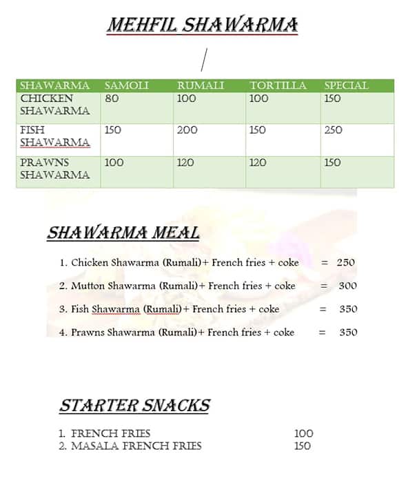 Menu of Mehfil Shawarma, Rajendra Nagar, Hyderabad