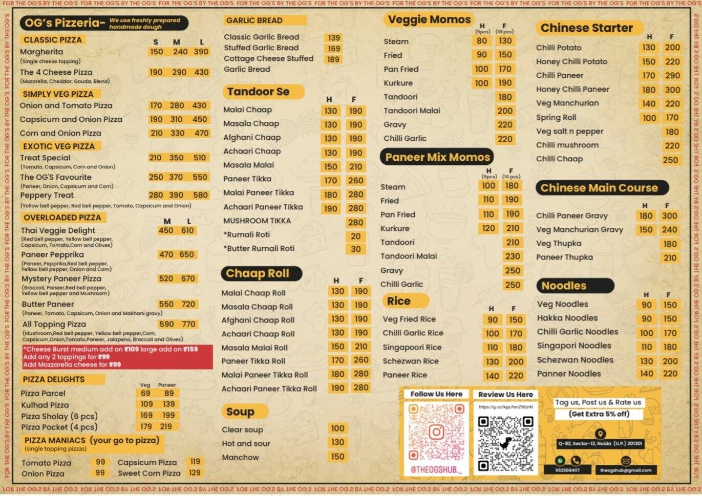 Menu of The OG's Hub, Sector 12, Noida