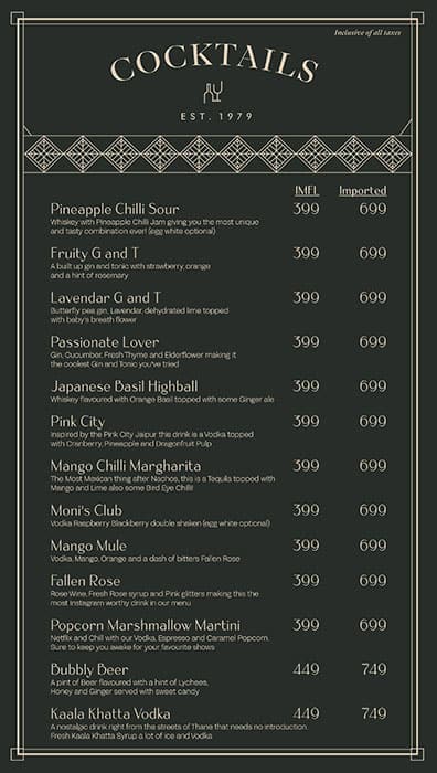 Menu of Monis Bar And Restaurant, Naupada, Thane, Thane