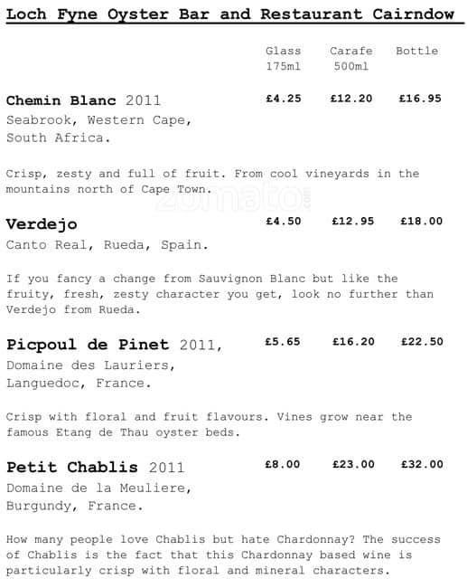 Menu at Loch Fyne restaurant, Cobham, 17 Portsmouth Rd