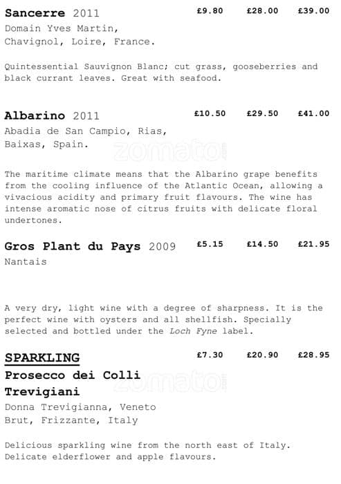 Menu at Loch Fyne restaurant, Cobham, 17 Portsmouth Rd