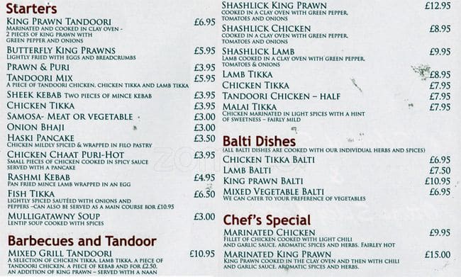 Menu at School of Spice restaurant, Shepperton