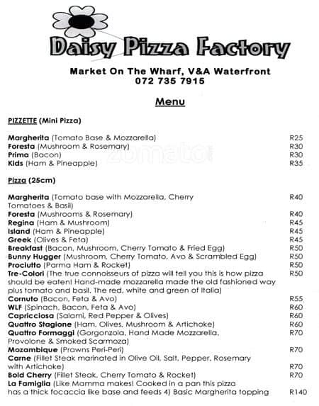 Menu at Daisy Pizza Factory pizzeria, Cape Town