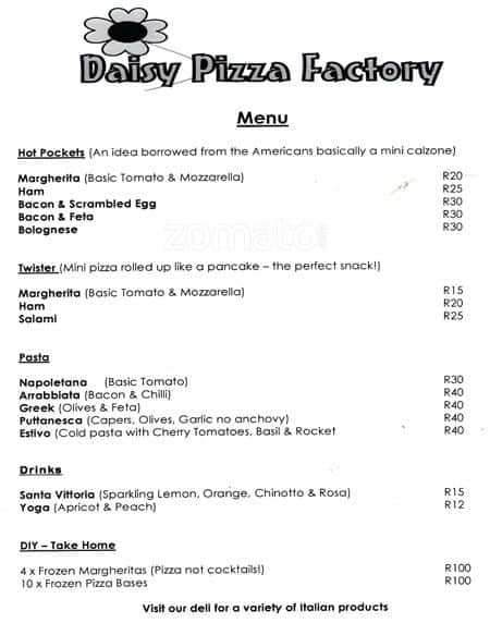 Menu at Daisy Pizza Factory pizzeria, Cape Town