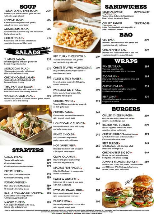 Menu at Jonahs Bistro, Palavakkam (ECR), Chennai