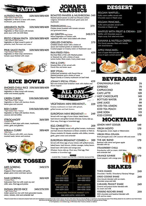 Menu at Jonahs Bistro, Palavakkam (ECR), Chennai