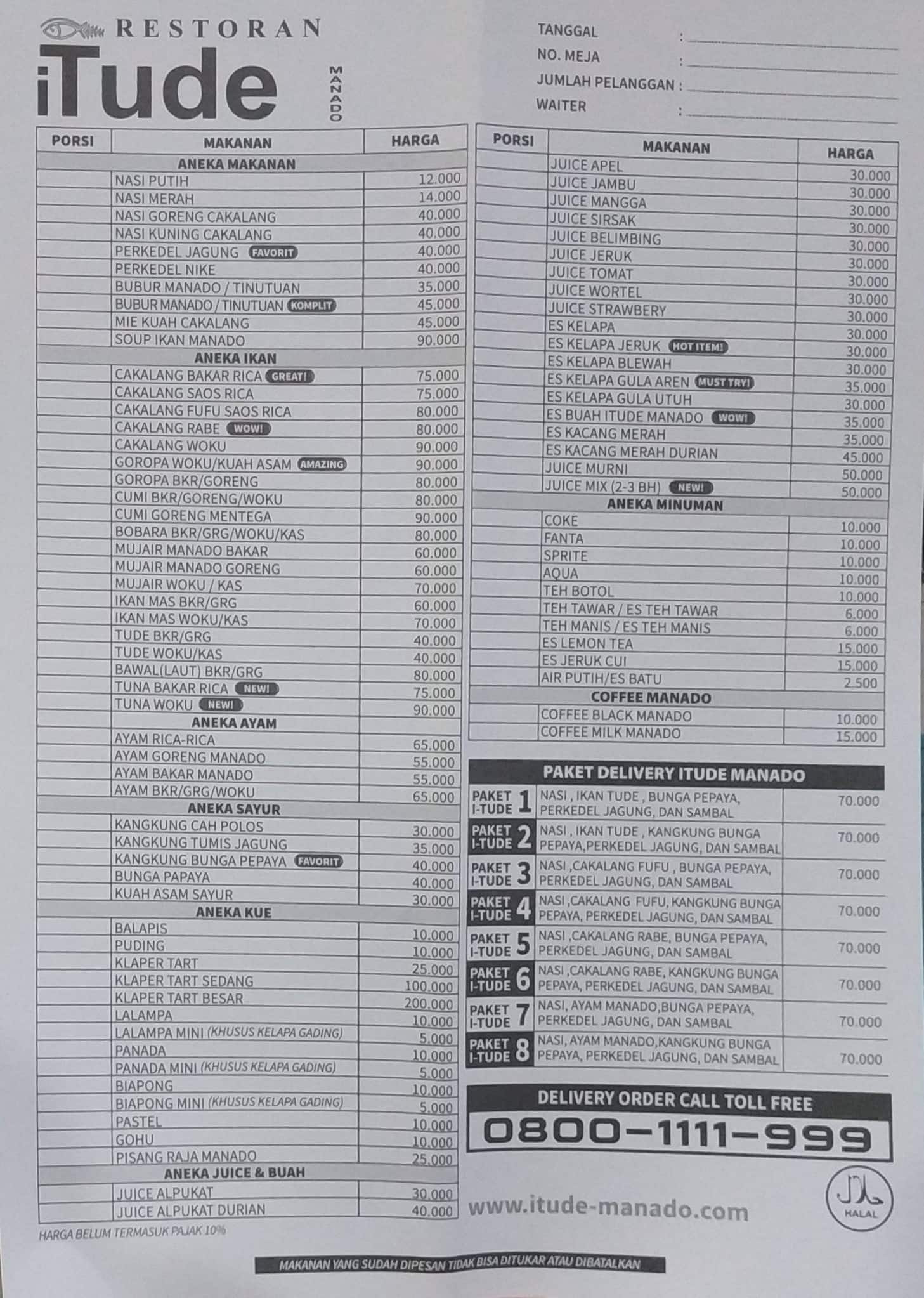 Menu at Restoran Ikan Tude Manado restaurant, Jakarta, 2
