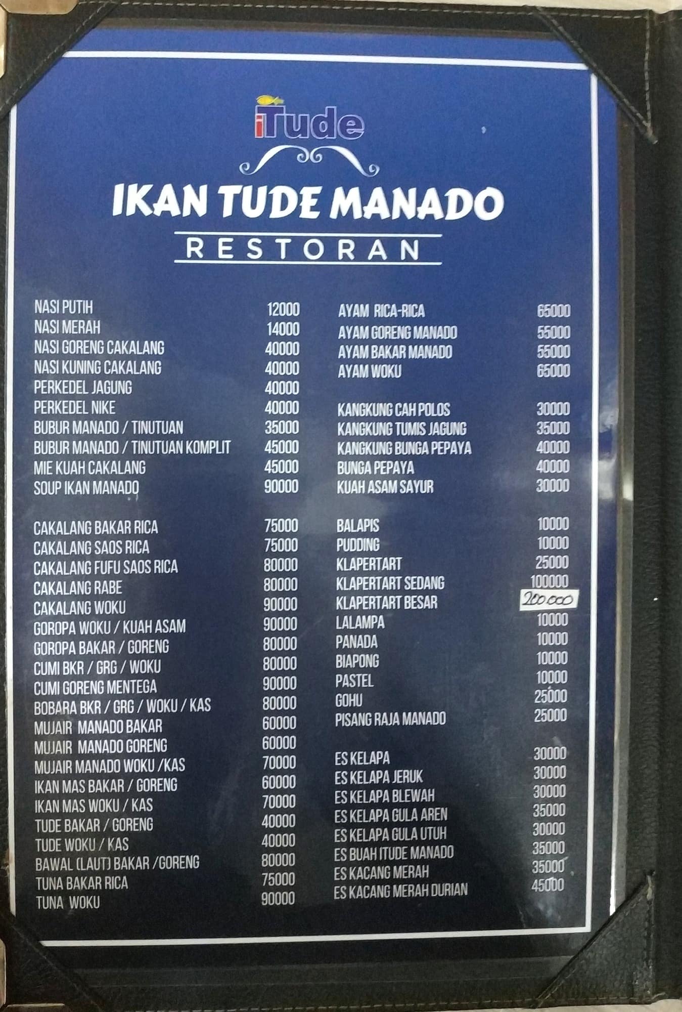 Menu at Restoran Ikan Tude Manado restaurant, Jakarta, 2