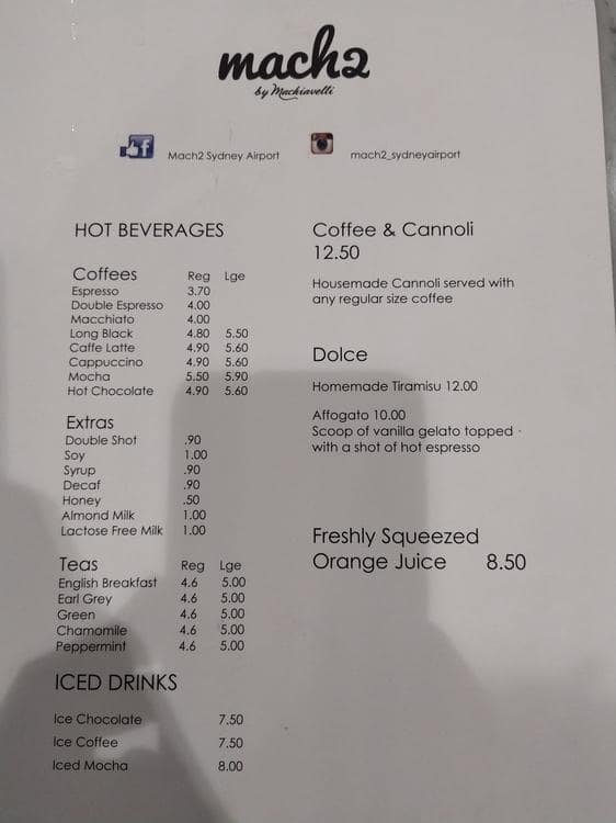 Menu at Mach2 restaurant, Sydney