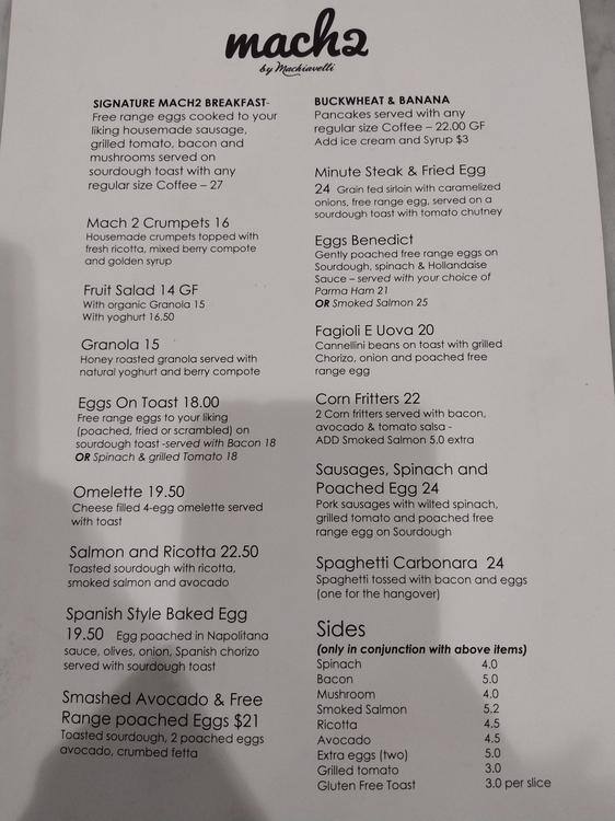 Menu at Mach2 restaurant, Sydney
