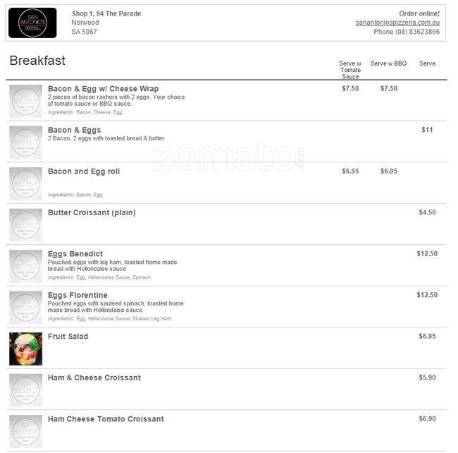 Menu at San Antonio's Pizzeria, Norwood