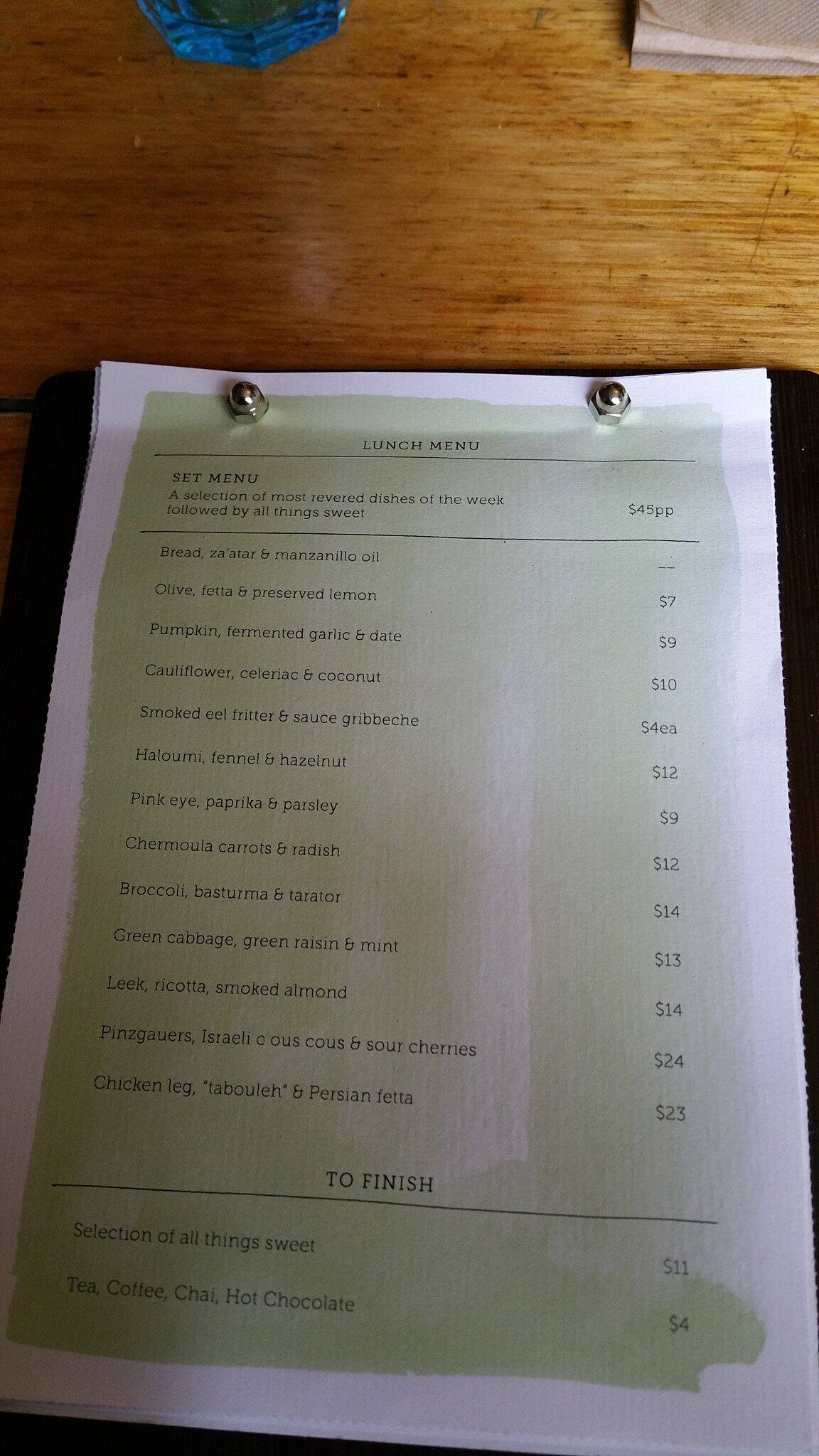 Menu at Bespoke Harvest restaurant, Forrest