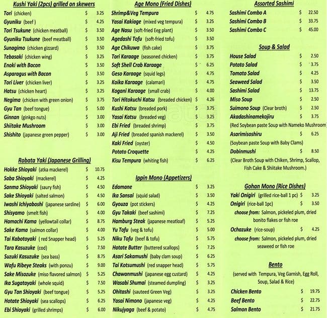 Menu at Sushi Robata restaurant, Dallas