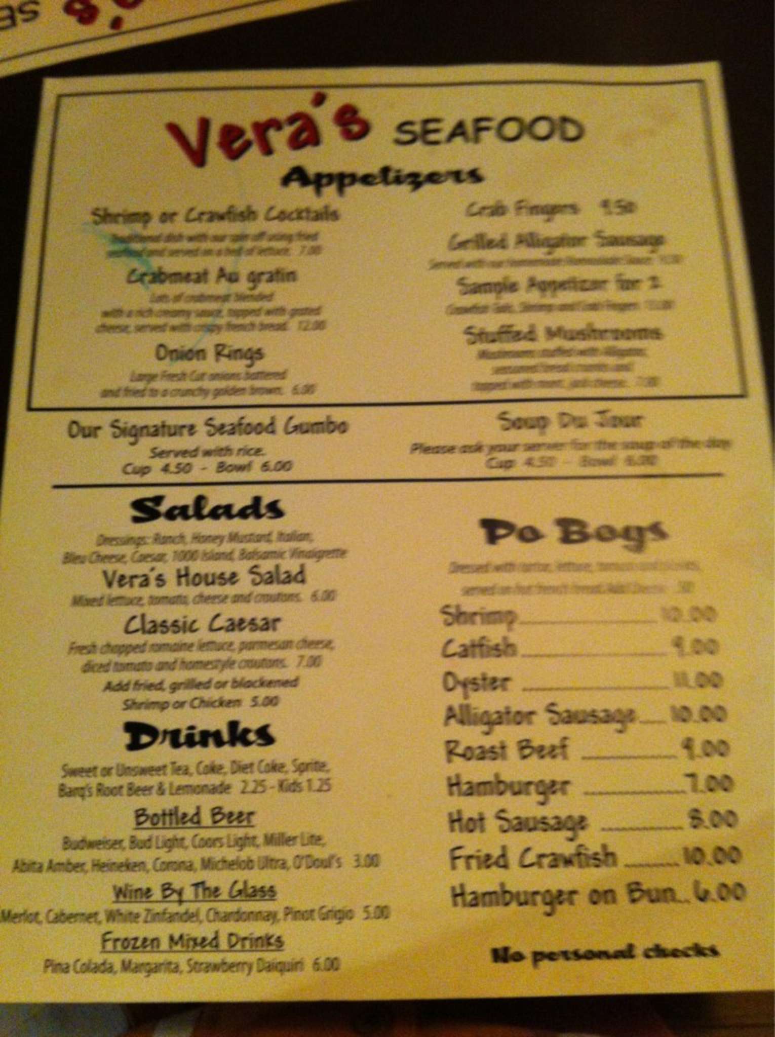 Menu at Vera's Seafood steakhouse, Slidell
