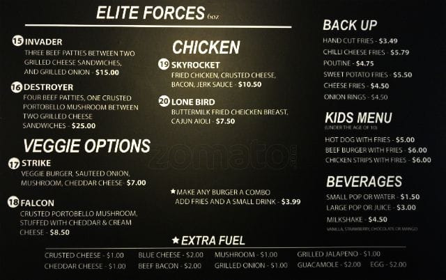 Menu at Top Gun Burger restaurant, Toronto, 201 Augusta Ave