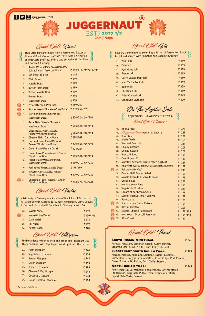 Menu of Juggernaut, Kailash Colony, New Delhi