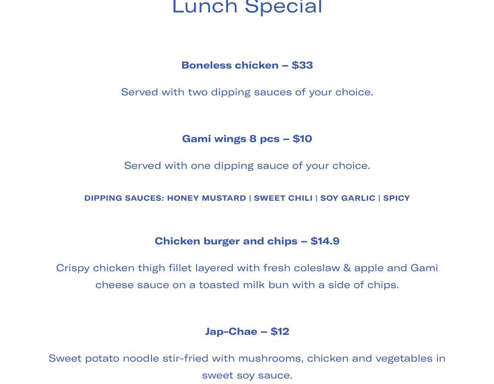 Menu at Gami Chicken & Beer restaurant, Canberra