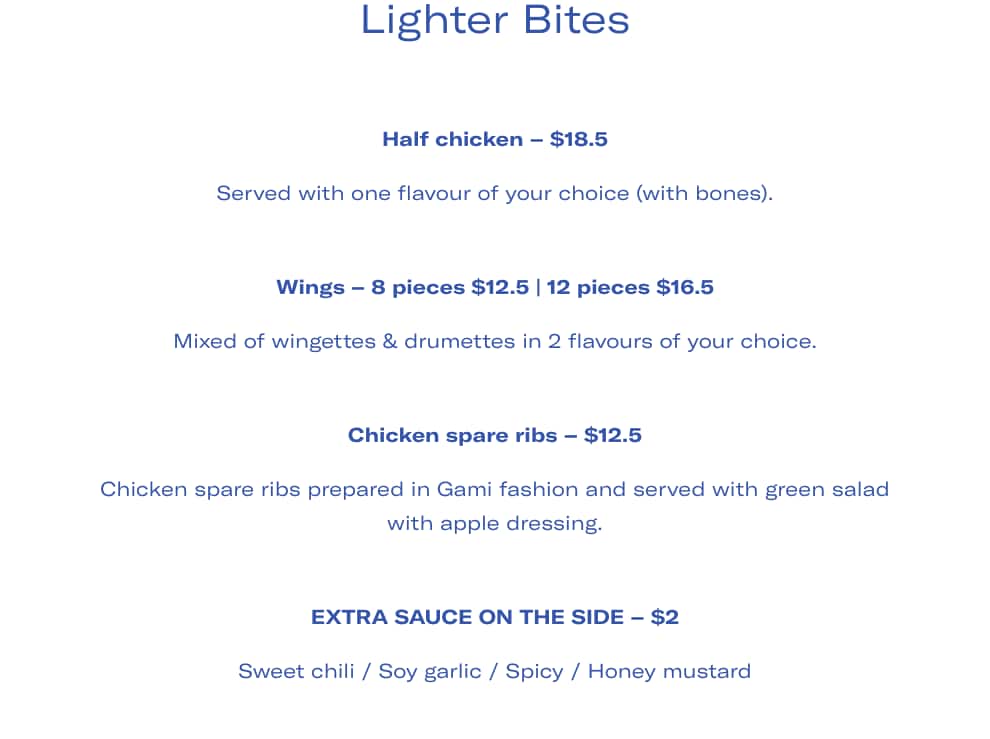 Menu at Gami Chicken & Beer restaurant, Canberra