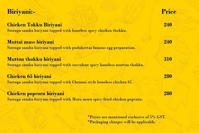 Menu of The Biriyani Project, Porur, Chennai